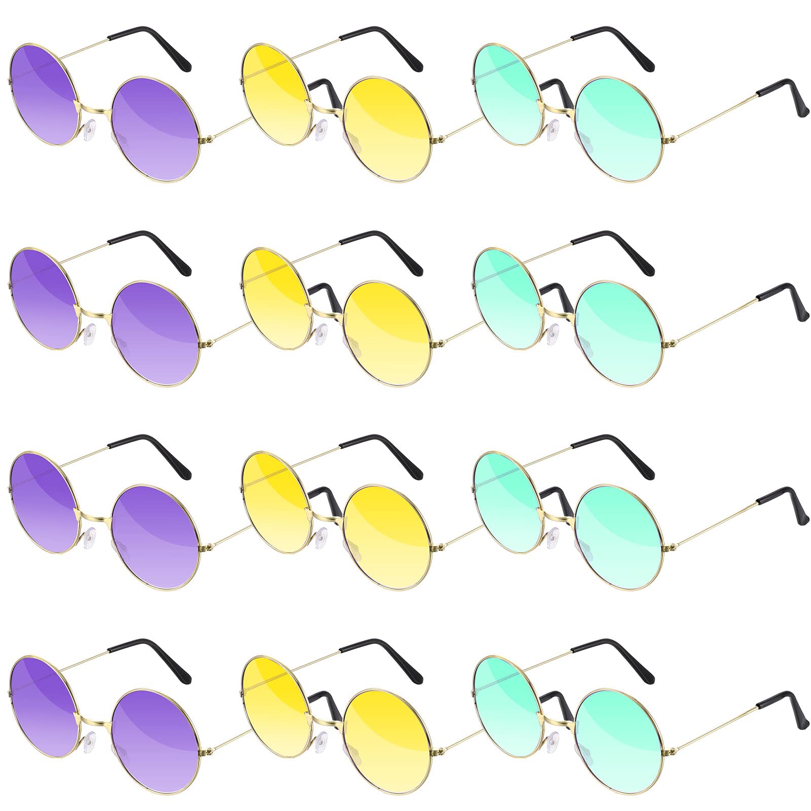 12 Pairs Disco Round Hippie Sunglasses Party Bachelorette Glasses Small Retro Polarized Glasses Clear Colored Lens Circle Mardi Gras Decorations for Men Women Rave Wear Yellow Purple and Green