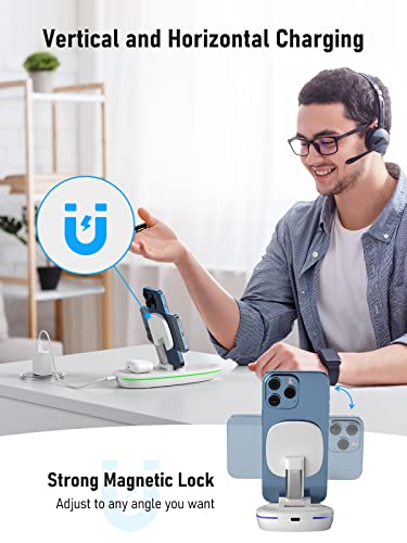 3-in-1 Magnetic Wireless Charging Station for Apple Devices - MagSafe Charger Stand for iPhone 14/13/12/11/SE/X/8, iWatch 8/7/6/SE/5/4/3/2, & AirPods 2/3/Pro - Compact, Durable & Efficient