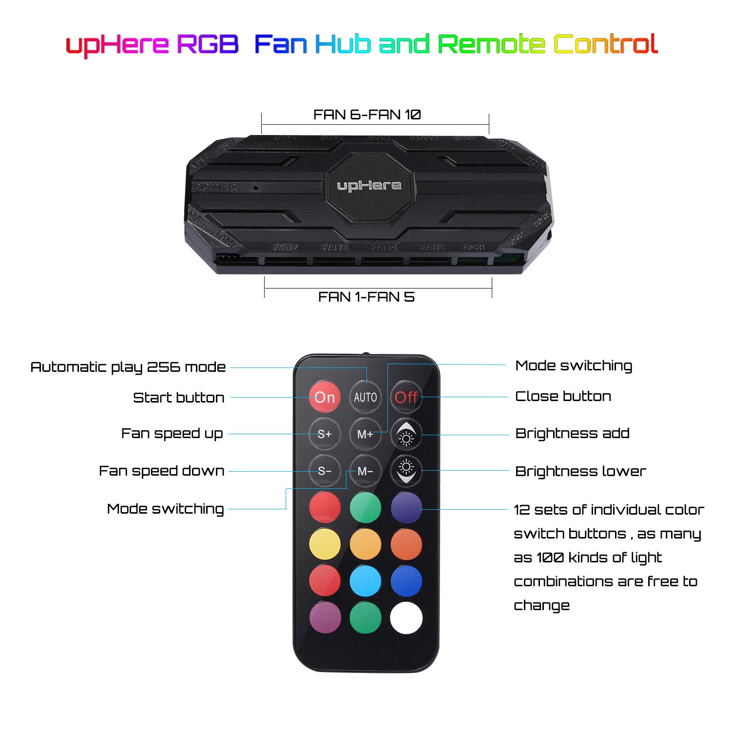 upHere 10 Port 6PIN SATA RGB Hub with 21-Key Remote Control Black MBX10