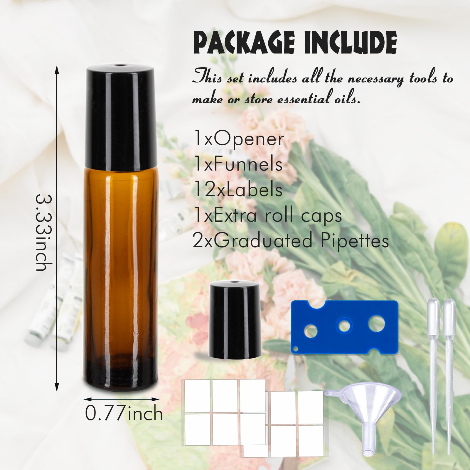 12 Pack Essential Oil Roller Bottles, 10ml Roller Balls for Essential Oils, Amber Glass Roller Bottles, Roll on Bottles with Stainless Steel Roller Balls, Labels, 1*Openers, 1*Funnels, 2*Dropper