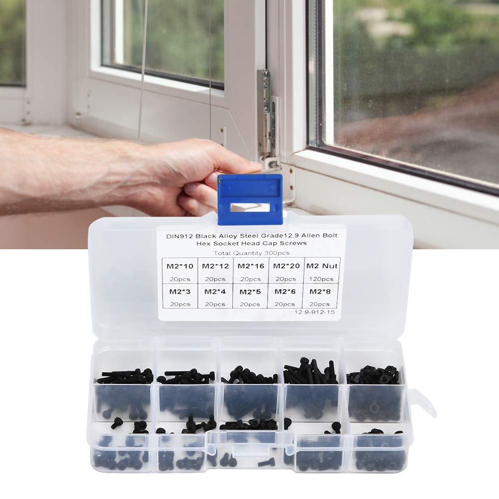 300PCS M2 x 3-20mm 12.9 Grade Black Hex Socket Screw Bolt and Nut Kit Alloy Steel Button Head Socket Bolts