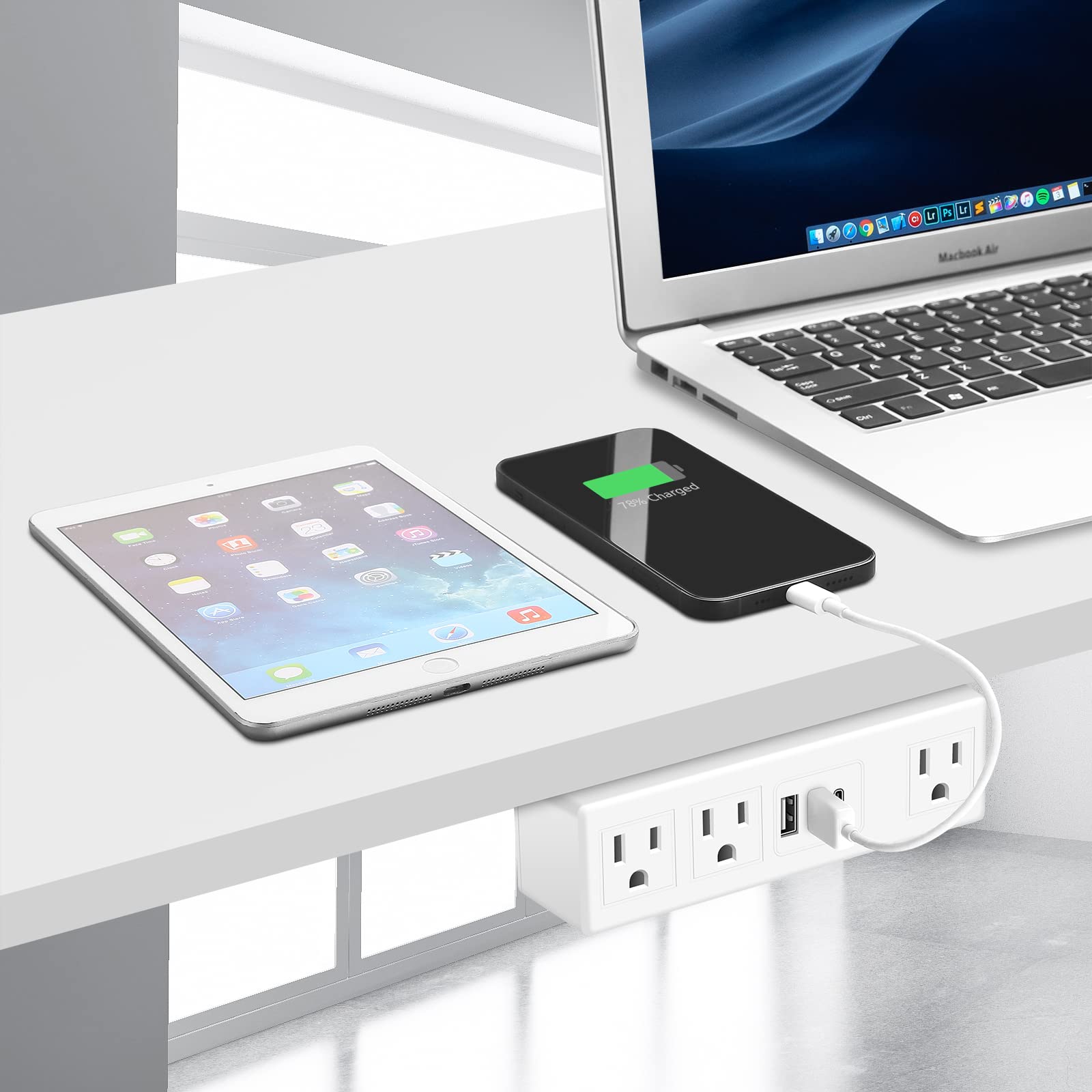 10FT Under Desk Power Strip, Adhesive Wall Mount Power Strip with USB C,Desktop Power Outlets, Removable Mount Multi-Outlets with 3 Outlets & 2 USB-A Ports &1 USB-C Port