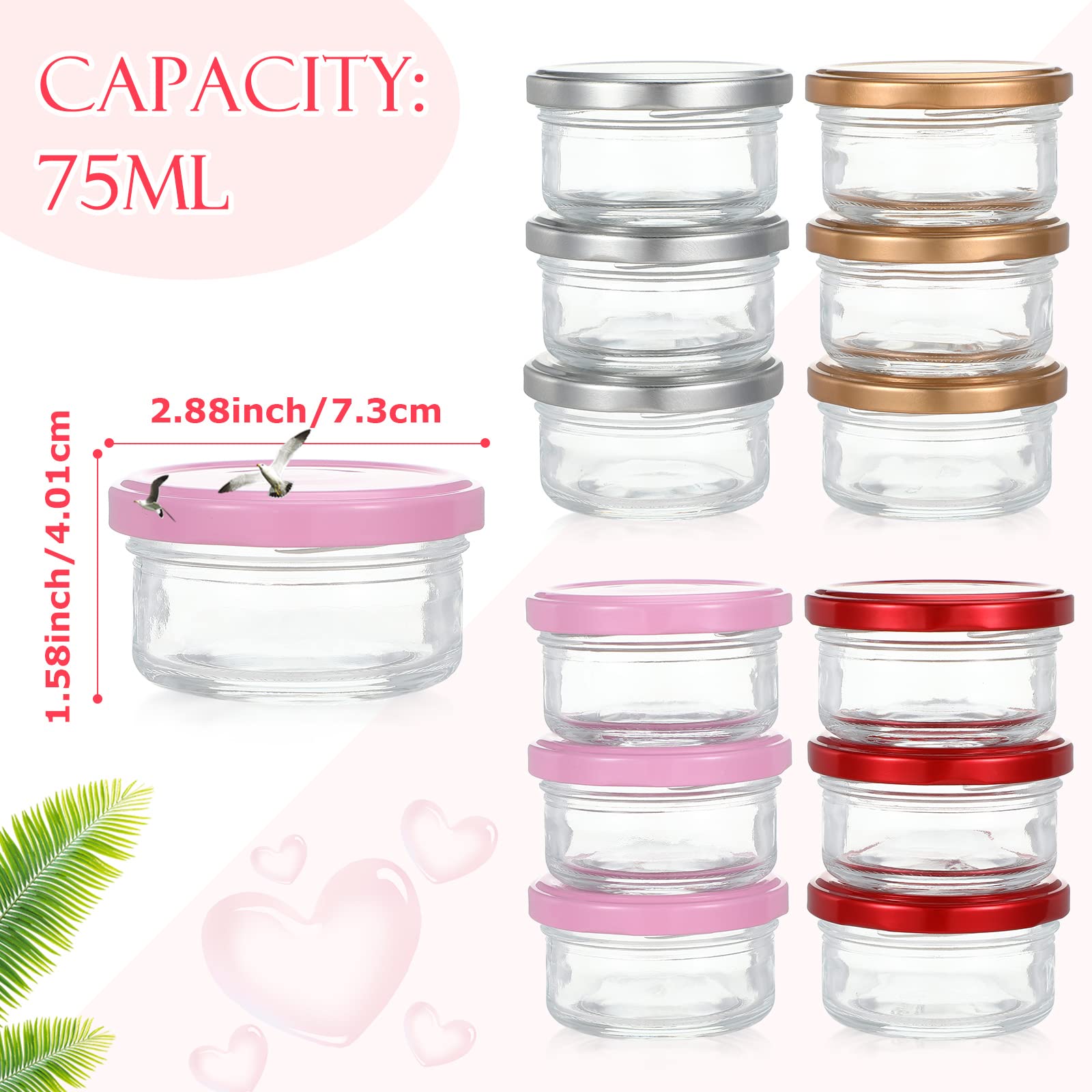 12 Pcs 2.5 oz Salad Dressing Container to Go Small Glass Food Storage Containers with Lids Airtight Small Glass Jars Leak Proof Reusable Dipping Condiment Sauce Containers for Lunch Box Picnic Travel