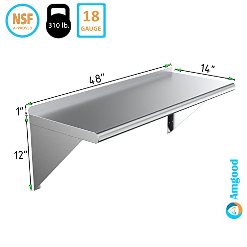 AmGood 14" X 48" Stainless Steel Wall Shelf | Metal Shelving | Garage, Laundry, Storage, Utility Room | Restaurant, Kitchen | Food Prep | NSF Certified