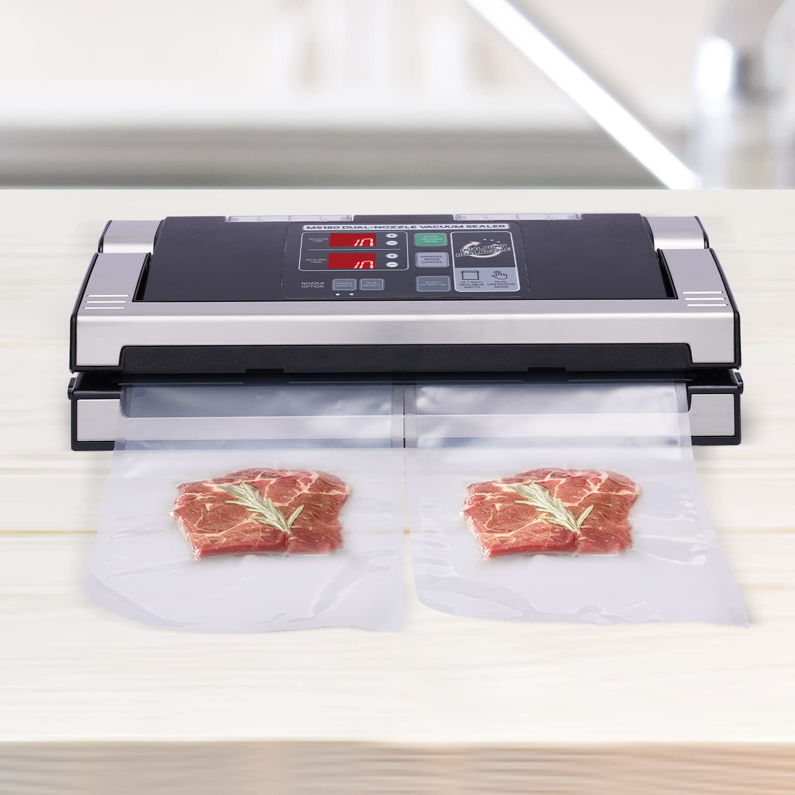 110V 250W Double Pump Vacuum Sealer, MS180 Food Sealer Machine Packing Sealing Machine Auto and Manual Modes Compatible With Smooth Flat Bags or Chamber Pouches, 15.7 '' Seal Bar
