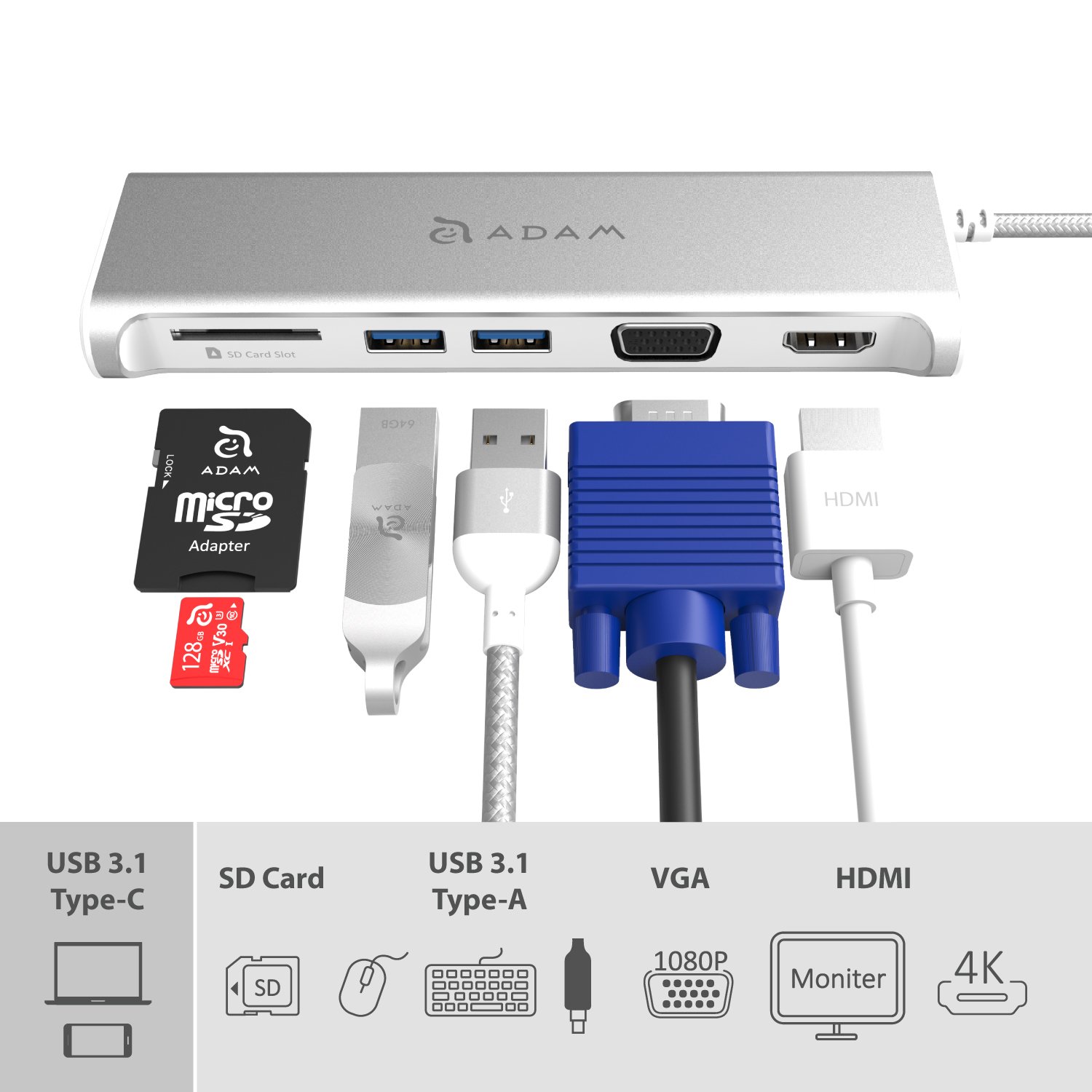 ADAM elements 5-in-1 USB C Hub - 4K USB C to HDMI - SD Card Reader - 2 USB 3.1 Ports - Portable, Durable Aluminum Case