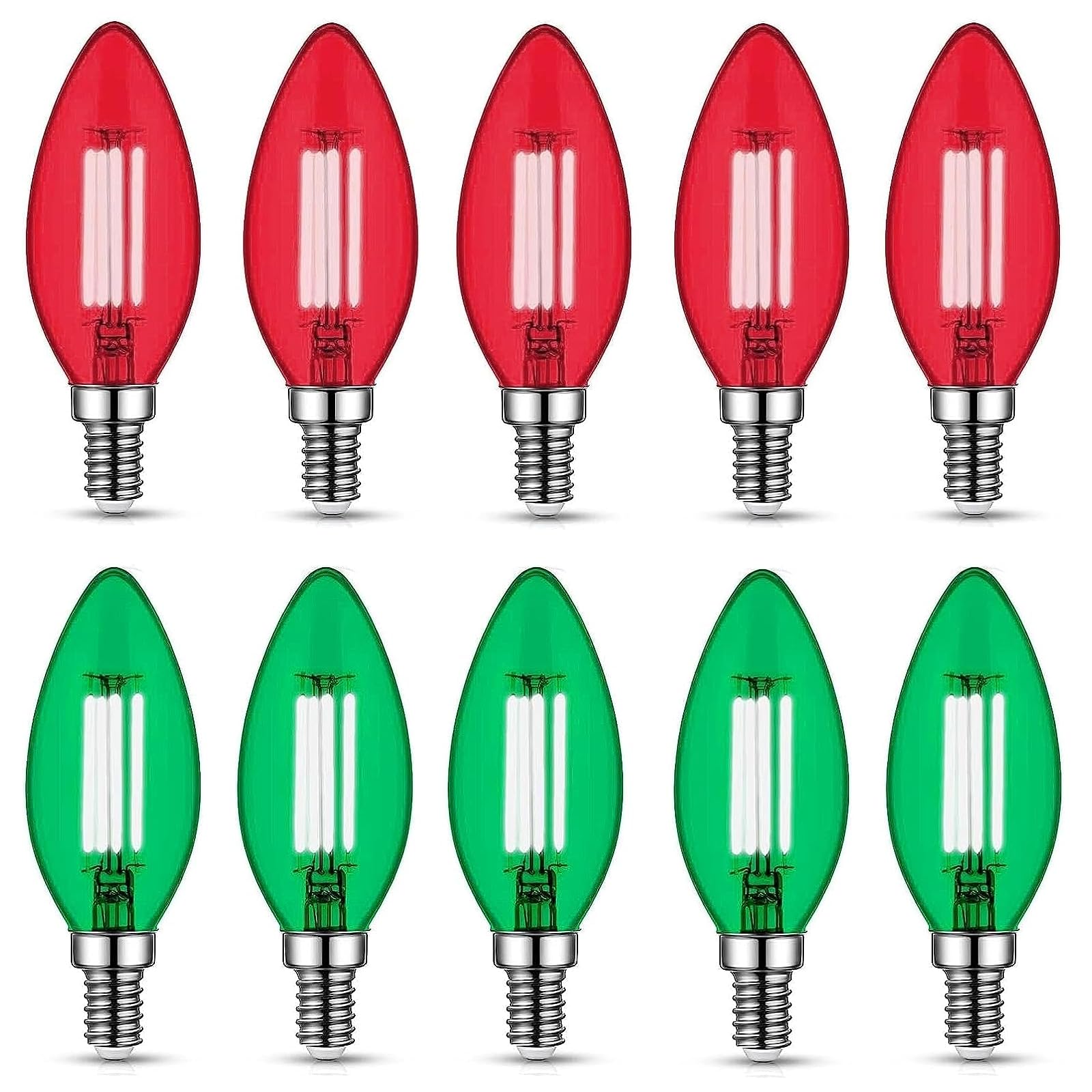 12 Pack Filament E12 Candelabra LED Christmas Light Bulbs 4W 40 Watt Equivalent E12 Candelabra Base Chandelier Bulbs Vintage Halloween Light Bulbs for Party Decoration, Porch, Christmas (Red, Green)