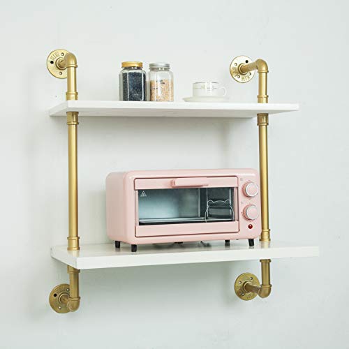 Gold,Industrial Retro Wall Mount Iron Pipe shelves,Microwave Oven Rack- Wall mounted Microwave Oven Shelf Stand,Storage Organizer For Kitchen,Oven,Toaster,Utensils,Spice,Mitts and more