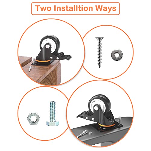 3 Inch Caster Wheels, Heavy Duty 3β Casters Set of 4 with Brake, TONSUM No Noise Polyurethane (PU) Wheels and Safety Dual Locking casters, Swivel Plate Castors (Two Hardware Kits)