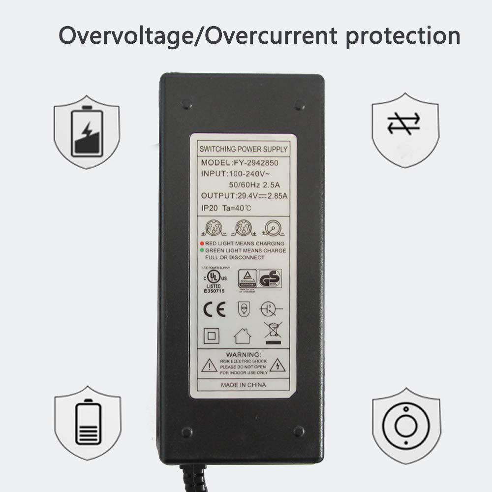 Abakoo 29.4V 2.85A UL Charger Power Supply Adapter for 29.4V 24V 7S only Lithium Battery Pack with 3-Pin XLR Male Connector