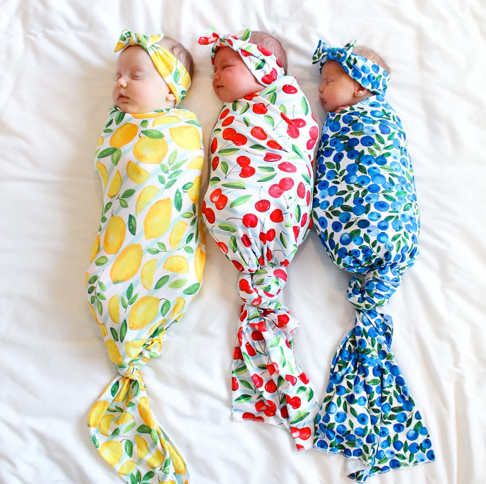 Vollmic Newborn Baby Girl Receiving Blanket Swaddle Blanket Stretchy Knit Swaddle Set with Matching Headband 3 Packs -Summer Fruits Series