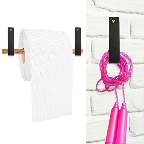 Abeillo 4 Pcs Leather Wall Hooks, Medium Leather Straps Hanger Towel Hook, Leather Strap Shelf Wall Hanging Strap Holder for Bathroom Kitchen Bedroom Nordic Boho Decor(Black)
