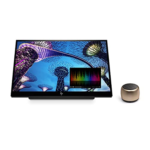 HP E14 FHD (1920x1080) Portable Monitor Travel Bundle with USB Type-C and Micro Bluetooth Speaker with Professional Sound, Built-in Microphone and Remote Shutter for Selfies
