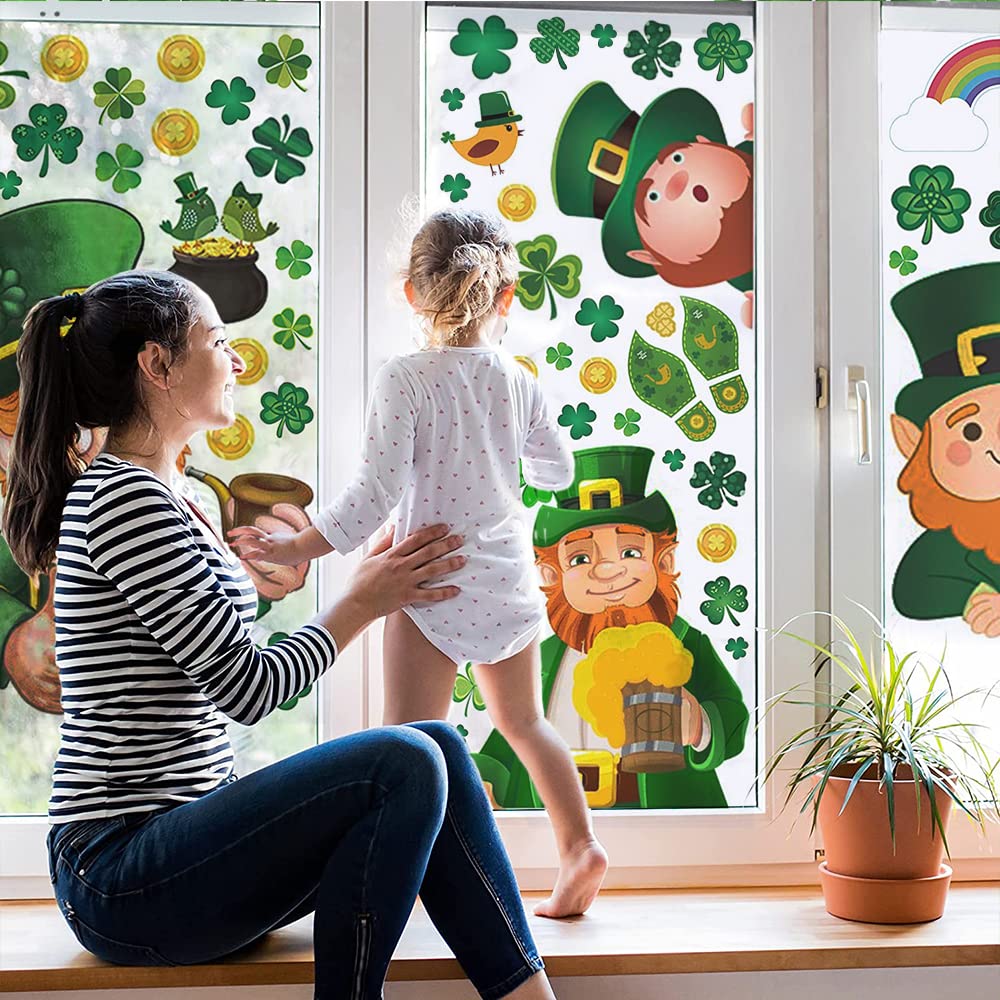 143PCS Happy St. Patrick's Day Window Clings Decorations,St. Patrick's Decal Window Sticker for Glass Decor,Gnome Leprechaun Footprints Holiday Party Door Decorations