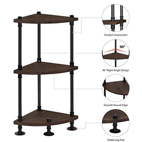 3 Tier Corner Shelf Stand Wood Corner Display Rack Small Industrial Corner Standing Storage Shelf Bookshelf Plant Stand for Small Space Bedroom Living Room Kitchen Brown