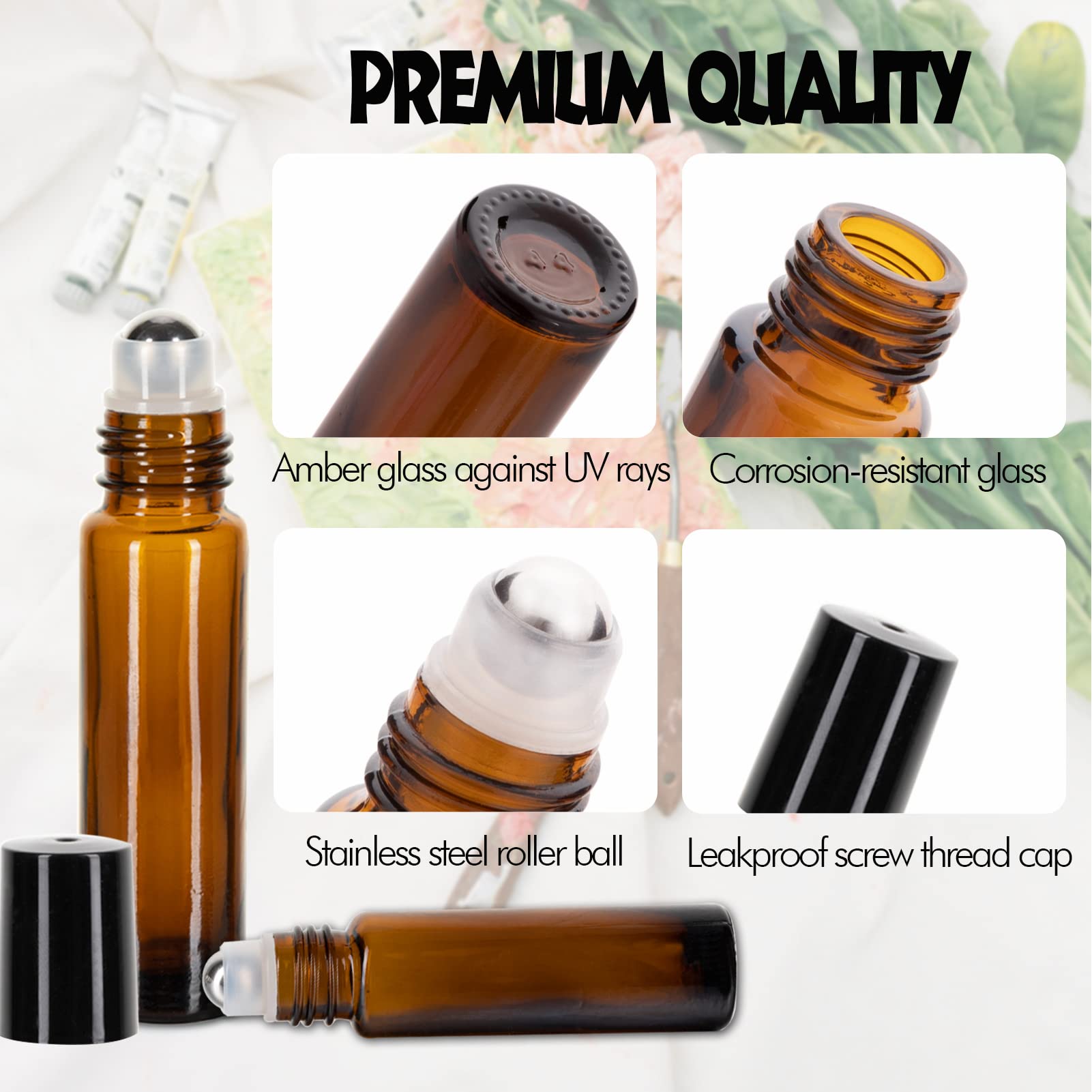 12 Pack Essential Oil Roller Bottles, 10ml Roller Balls for Essential Oils, Amber Glass Roller Bottles, Roll on Bottles with Stainless Steel Roller Balls, Labels, 1*Openers, 1*Funnels, 2*Dropper
