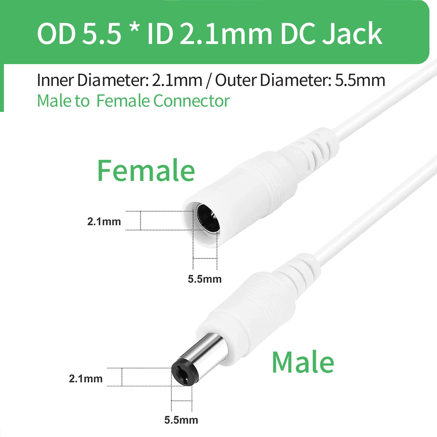 2-Pack White 1 to 2 Way DC Power Splitter Cable, Plug 5.5mm x 2.1mm, for CCTV Camera,LED Strip Light and More