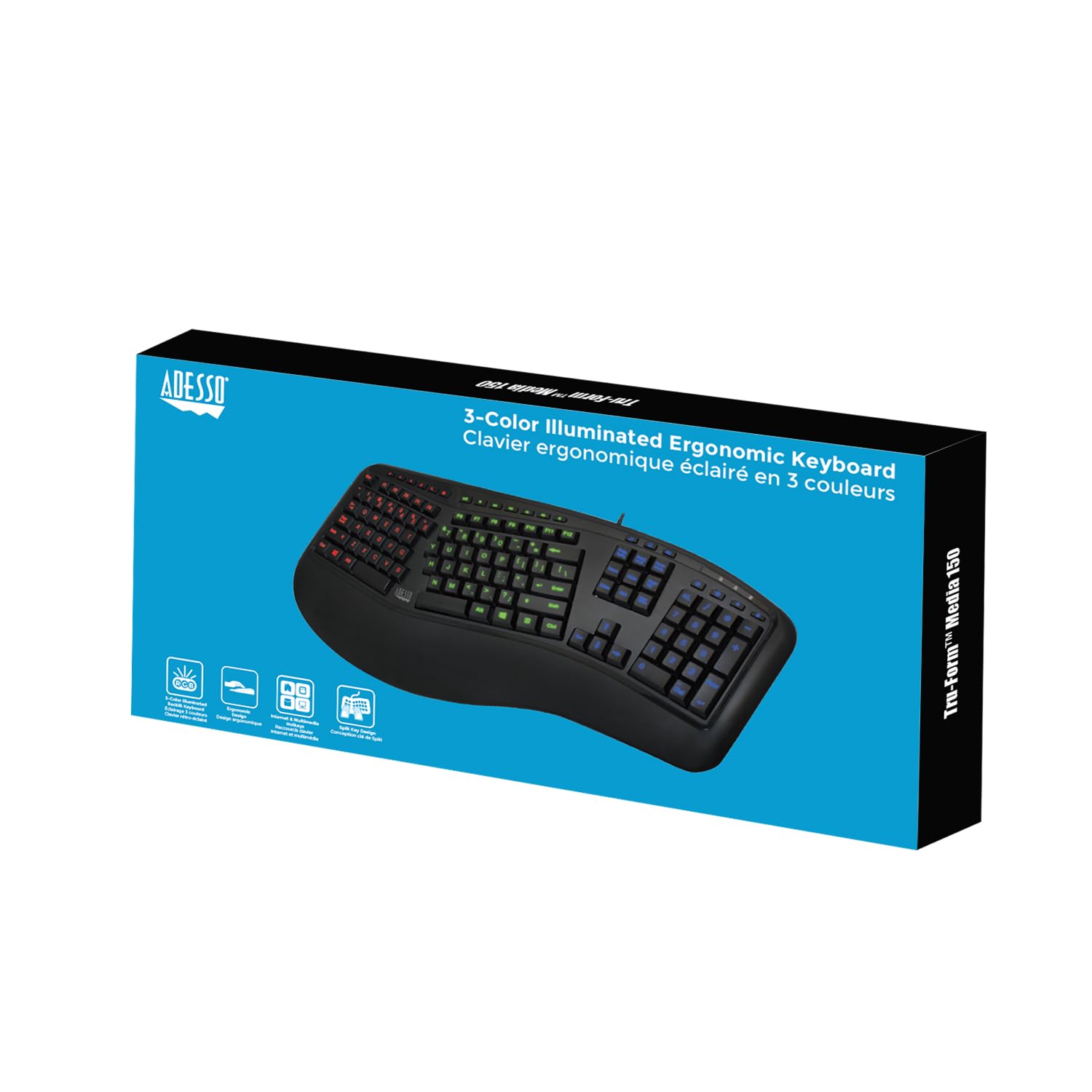 Adesso Tru-Form 150 3-Color Illuminated USB Ergonomic Keyboard AKB-150EB