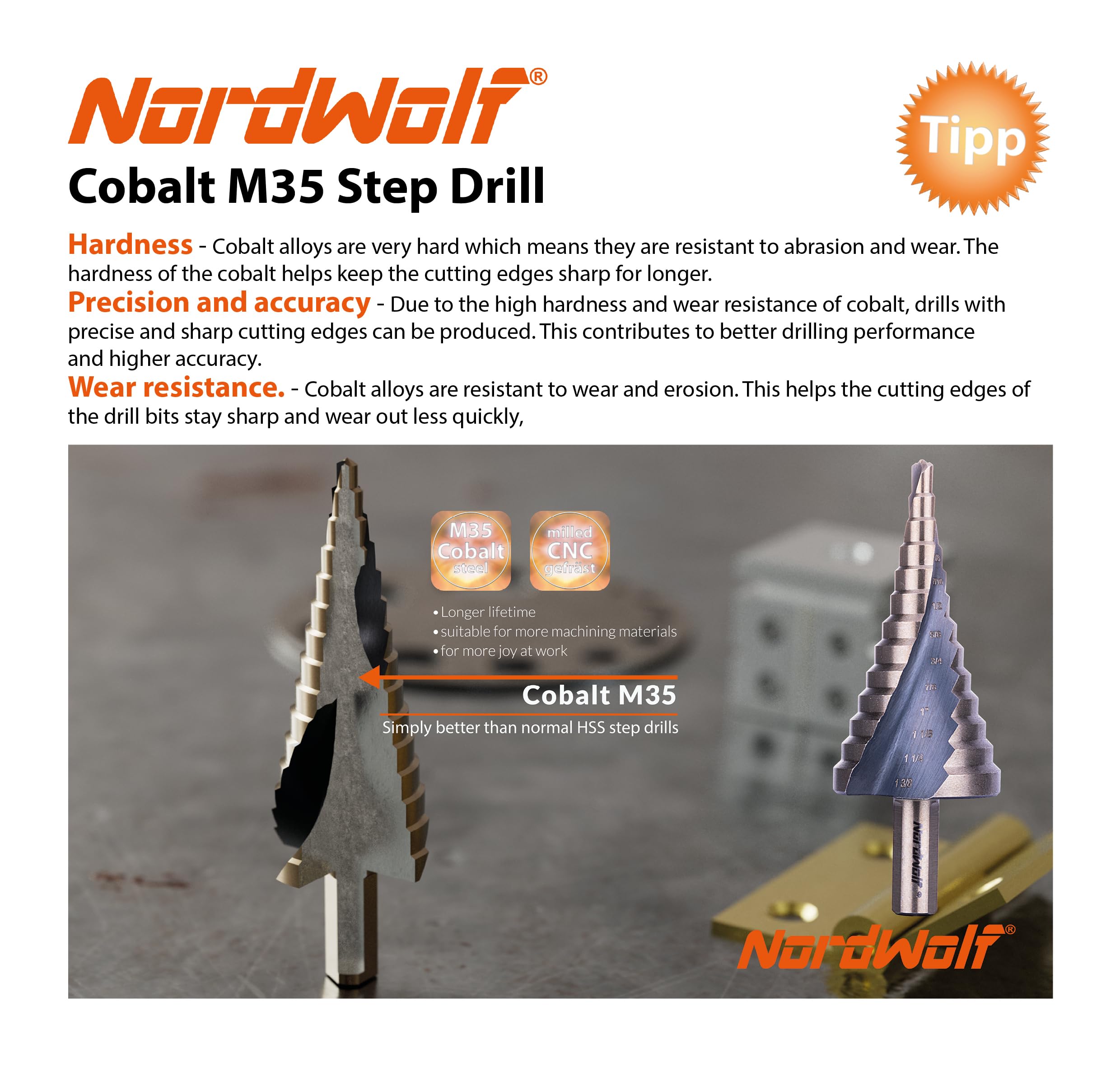 NordWolf M35 Cobalt SAE Step Drill Bit, Spiral Groove Double Flute Multiple Hole Unibit for Stainless Steel & Metal Sheet, 13 Imperial Step Sizes 3/16" to 1-3/8"