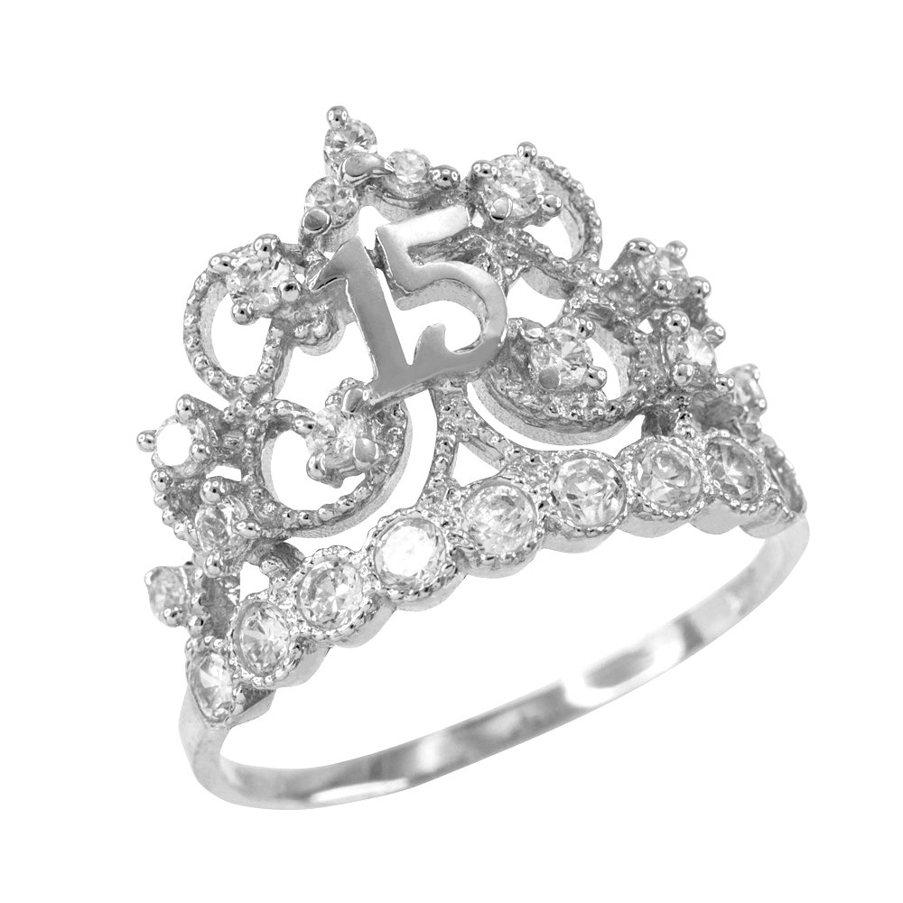 10k White Gold CZ-Studded Crown Sweet 15 Anos Quinceanera Ring (Size 7)
