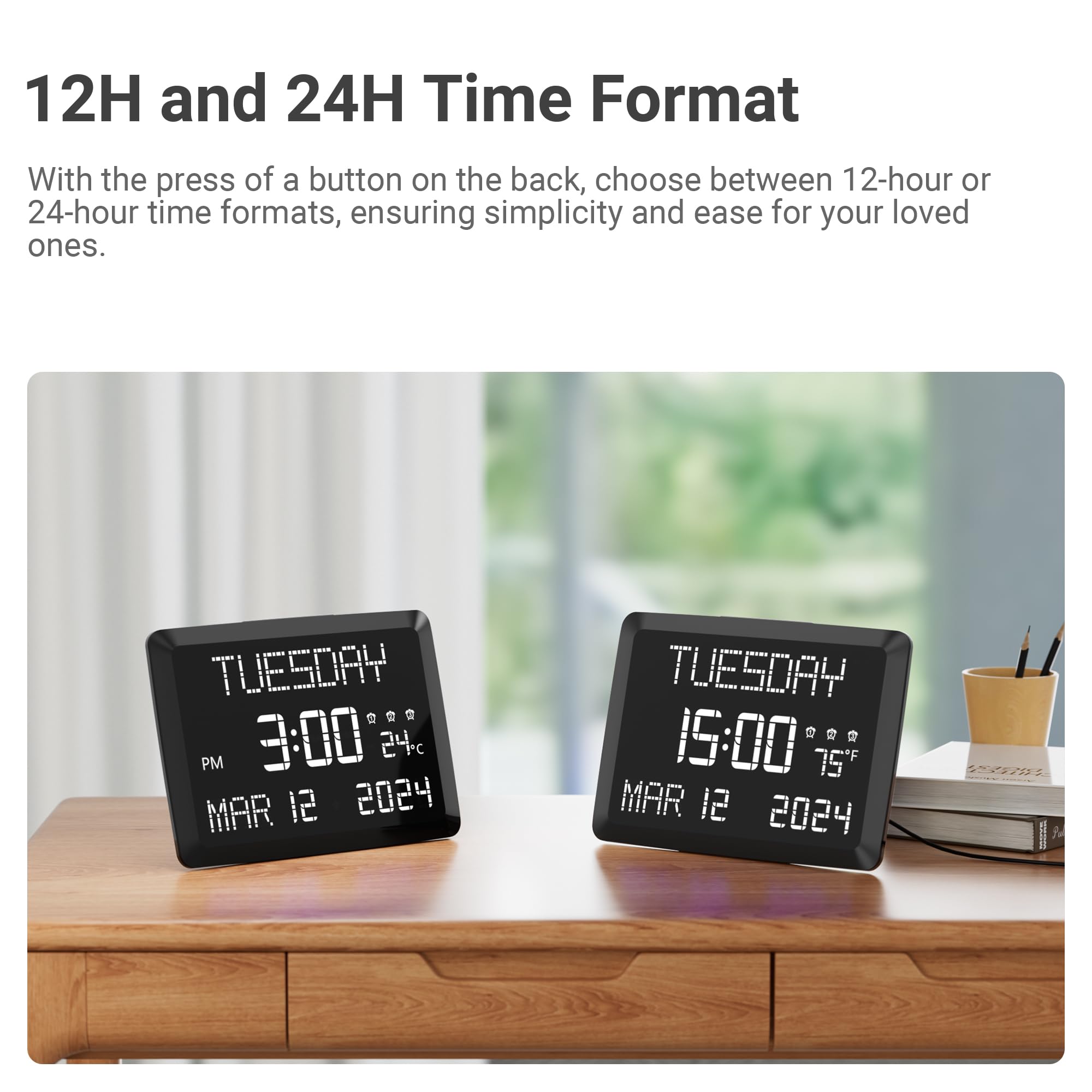11.5โ Digital Wall Clock with Date,Time,Week,Indoor Temperature,3 Alarms,5 Dimmer,2 USB Chargers,Battery Backup,Snooze,12/24H for Elderly,Parents,Impaired Vision,Dementia,Memory Loss,Office,Bedroom