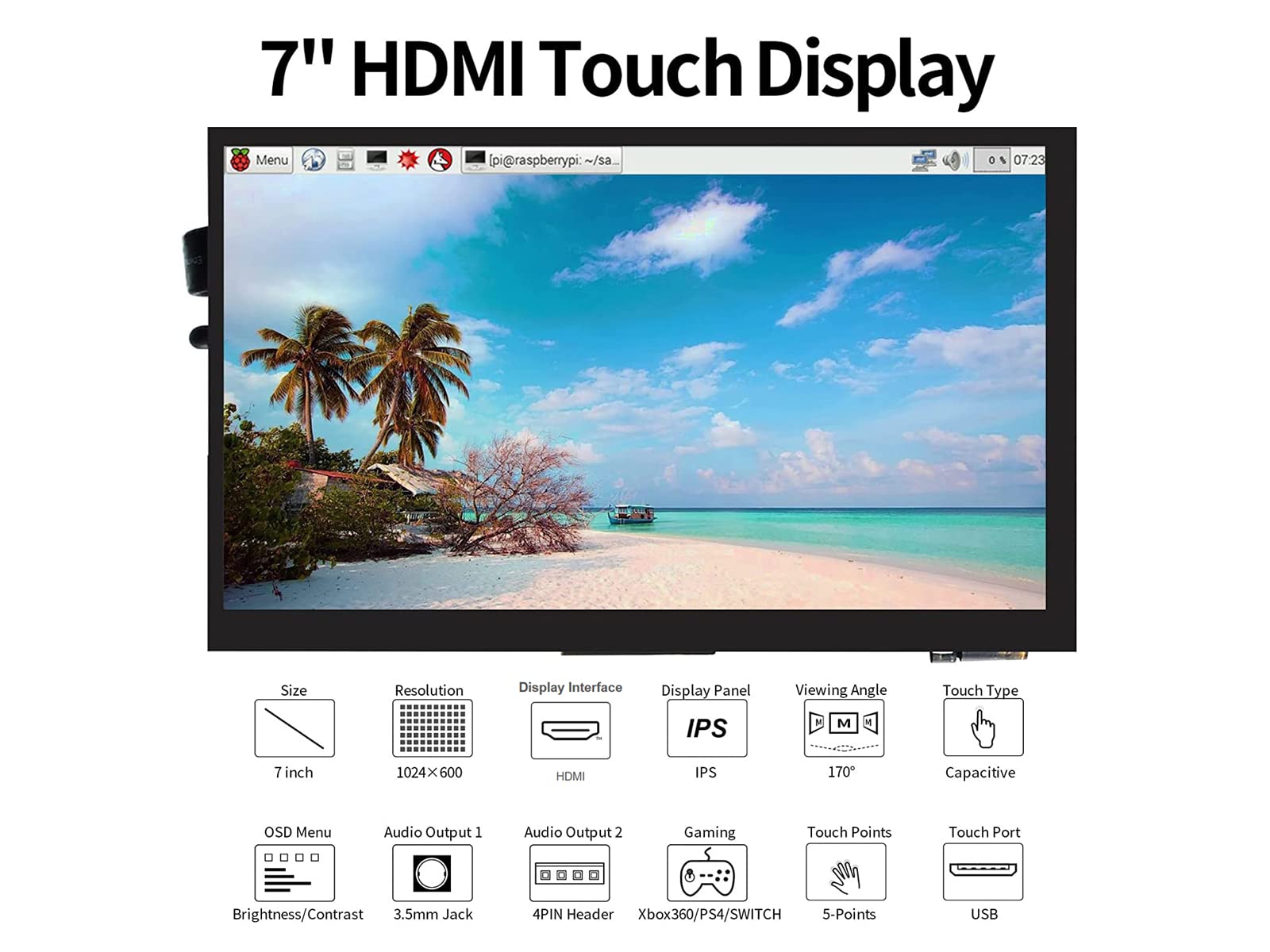 Ingcool 7 inch Raspberry Pi Screen Display 1024x600 7'' HDMI LCD IPS Touchscreen Monitor for Raspberry Pi 4 3 Zero B+ B A+, Jetson Nano, Windows 10 8 7, Xbox360, PS4, Switch
