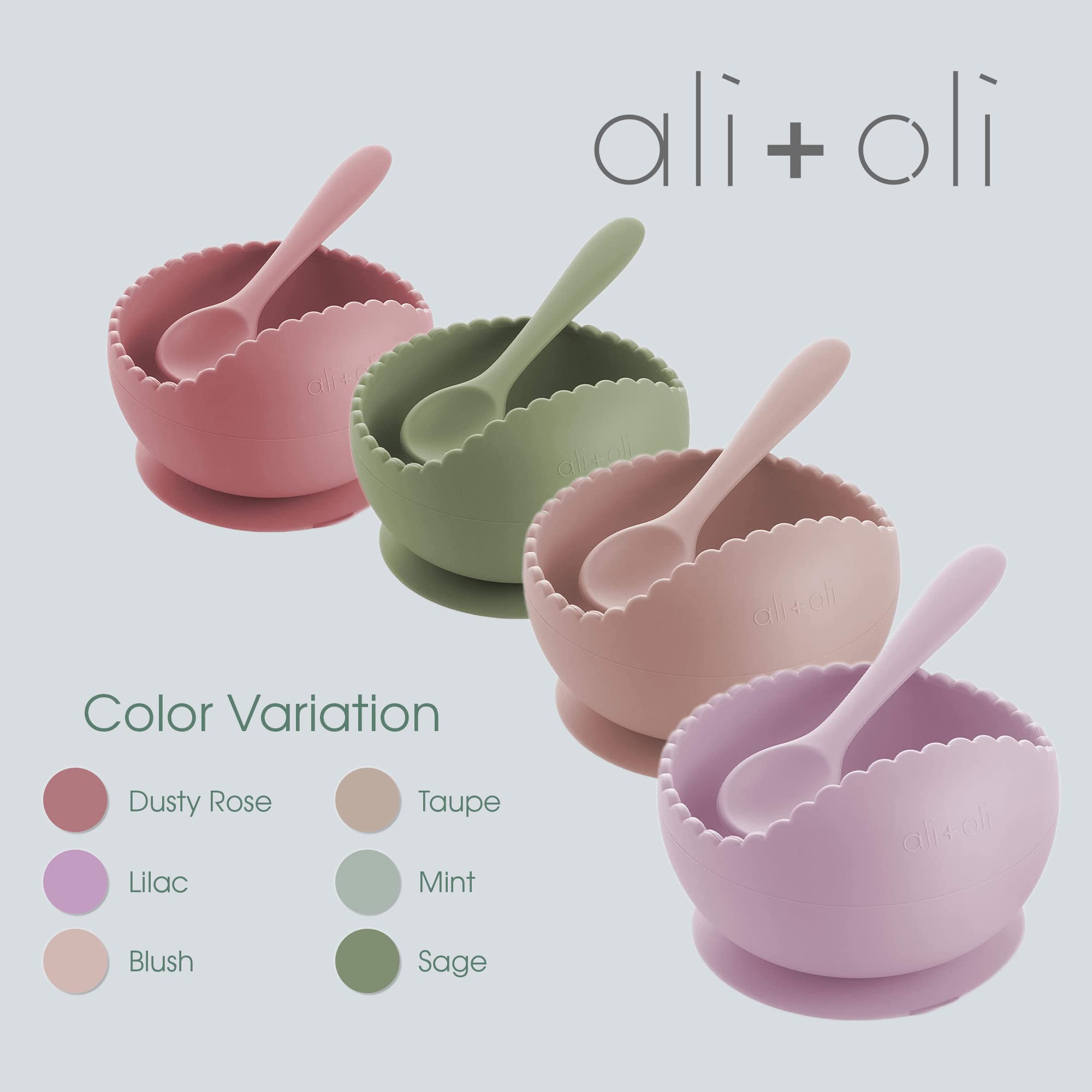 Ali+Oli Silicone Suction Bowl and Spoon Set (Blush, Original) - Unbreakable Suction Bowls for Baby 6 Months and Up, Self Feeding Baby Utensils, First Stage Baby Feeding Supplies