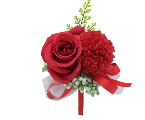 2 Pack Flower Wrist Corsage Boutonniere Set,3" Artificial Rose and Carnation Handmade Silk Flower for Wedding Flowers Accessories Prom Suit Decor (Red)