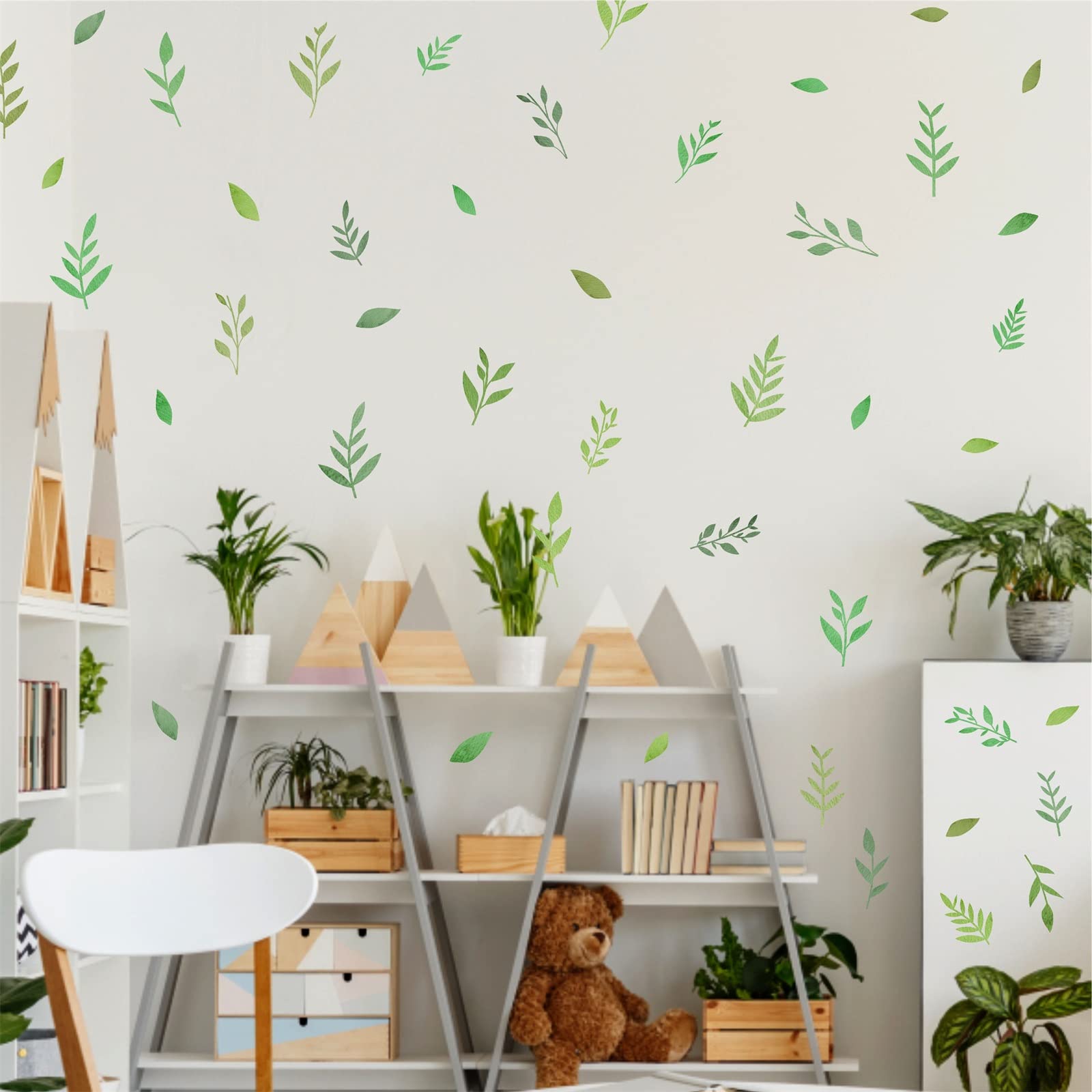 IKEYU Green Leaf Wall Decals Watercolor Leaves Wall Stickers Small Green Leaves Wall Decal Fresh Leaf Wall Sticker for Nursery Bedroom Living Room