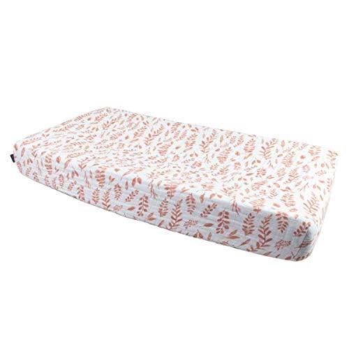 Bebe au Lait Premium Muslin Changing Pad Cover - Elasticized Fit, Safety Strap Holes, 2-Layer Open-weave, 100% Cotton Muslin, Fits Standard Baby Changing Pad up to 36" X 18" X 6"-One Size, Pink Leaves