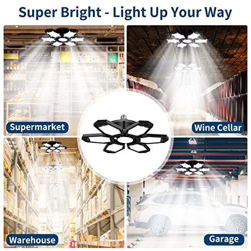 2 Pack Led Garage Ceiling Lights, 160W Deformable LED Garage Lights with 6+1 Multi-Position Panels, 16000LM E26/E27 Led Shop Lights for Garage Workshop Basement Attic Barn
