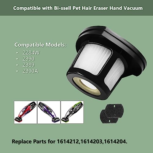 2284W Filter Compatible with Bi-ssell Pet Hair Eraser Hand Vacuum 2284W, 2390, 2389, 2390A, Replace Parts for 1614212, 1614203, 1614204, Pack 4 Filter and 8 Foam Filter