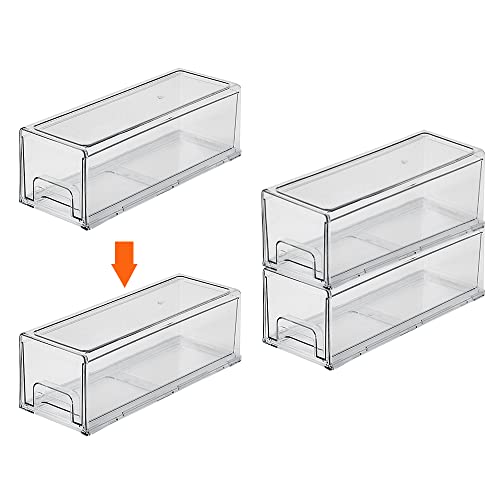 2 Pack Stackable Refrigerator Organizer Bins with Pull-out Drawer Clear Plastic Kitchen Storage Box for Fridge and Cabinets, 4.7" x 13.2" x 4.3"