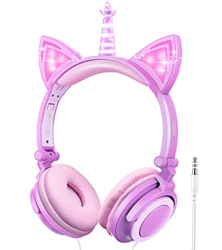 LOBKIN Unicorn Kids Headphones Cat Ear, Wired Toddler Headphones with LED Light Up, 85dB Volume Limited, Foldable 3.5mm Jack Girls Headphones for School/Travel/iPad/Tablet - Purple