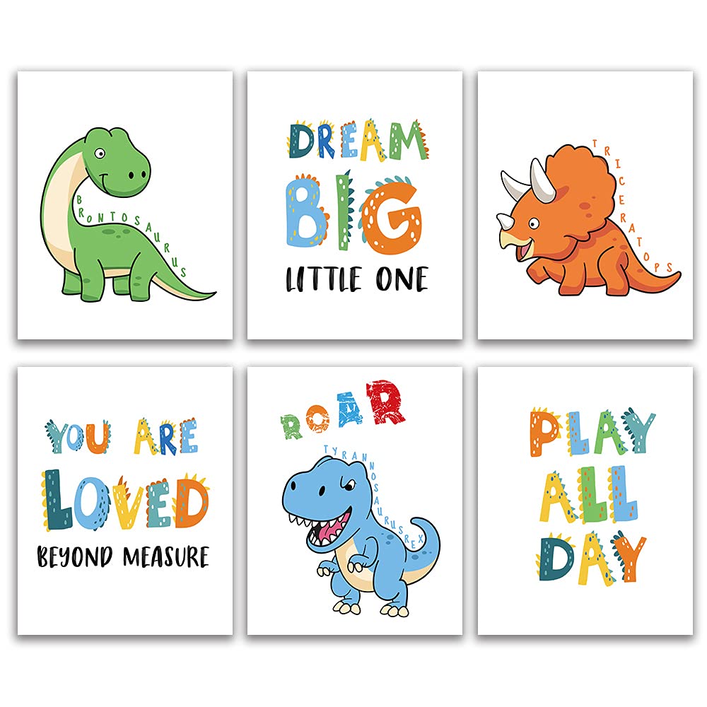 Dream Big Dinosaur Wall Art Inspirational Dinosaur Wall Decor for Classroom Nursery Bedroom, Dinosaur Art Prints Set of 6 (8”X10”), Dinosaur Bathroom Decorations for Bedroom Home Living Room, Unframed
