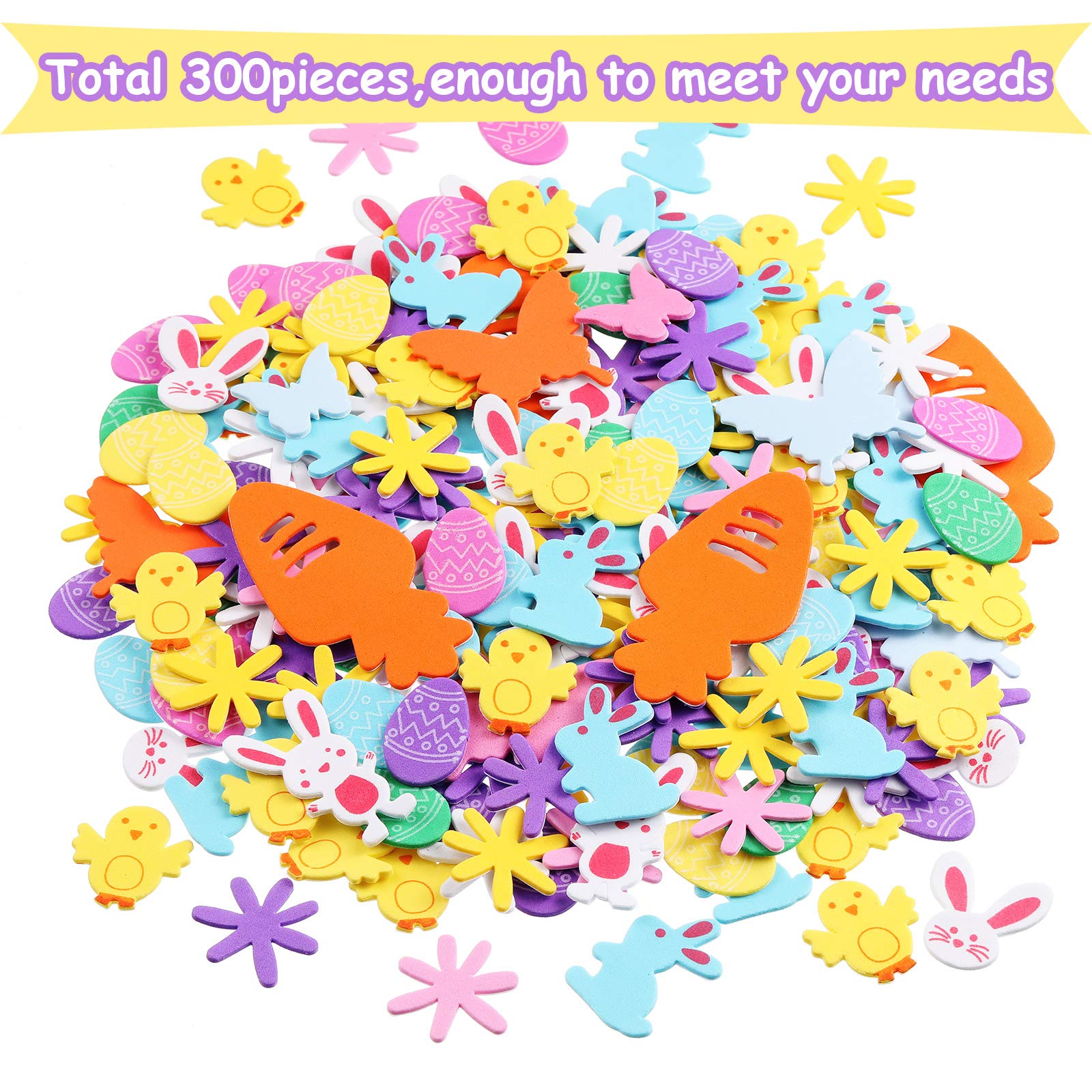 12 Pieces DIY Easter Foam Stickers Self-Adhesive Big Easter Egg Stickers and 300 Pieces Bunnies Chicks Flower Shaped Stickers for Kids Crafts Arts Party Supplies