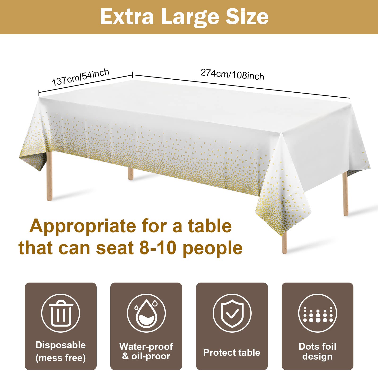 12 Pack White and Gold Dot Plastic Tablecloth, Gold Stamping Dot Confetti Rectangle Plastic Disposable Tablecloth for Birthday Wedding Baby Shower Engagement Anniversary Party Decorations, 54x108 Inch