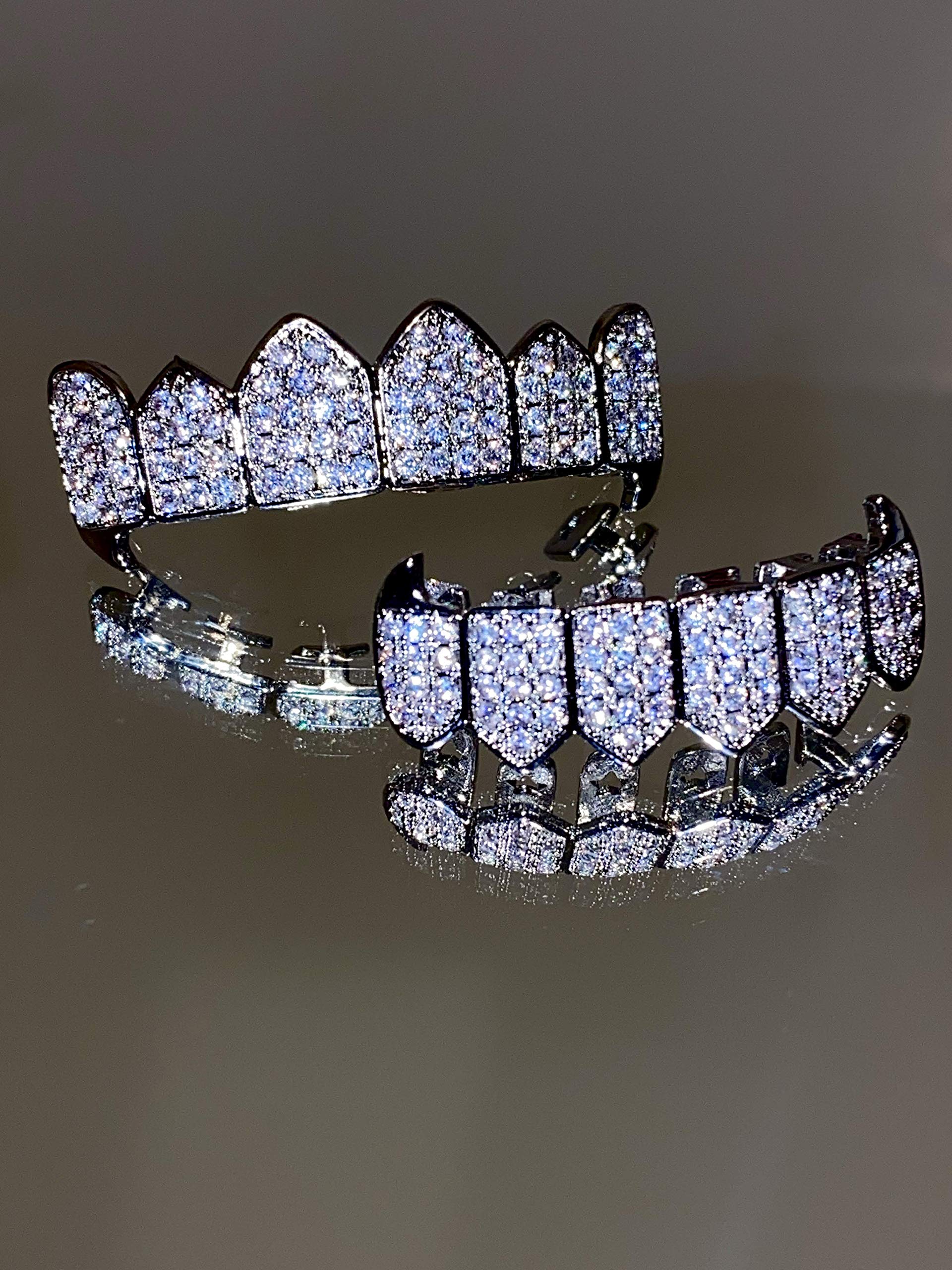 18K White Gold Plated CZ Cluster Custom Slugs Top Bottom GRILLZ Fangs Mouth Teeth Grills Set - Grillz, Teeth Cap, Iced Out Grillz (Top & Bottom Set)