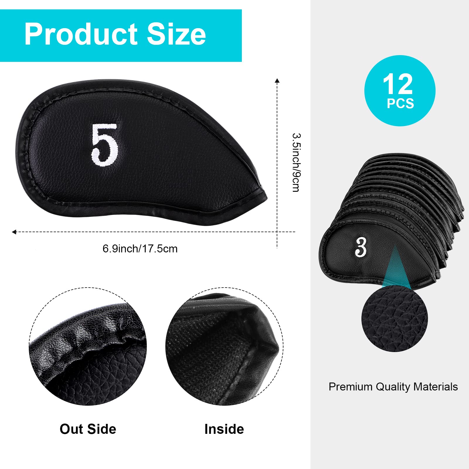 12 Pcs Thick Synthetic Leather Golf Iron Head Covers Set Iron Headcovers 3 Pcs Golf Club Head Cover Driver Golf Accessories for Fairway Driver Clubs Woods, Black