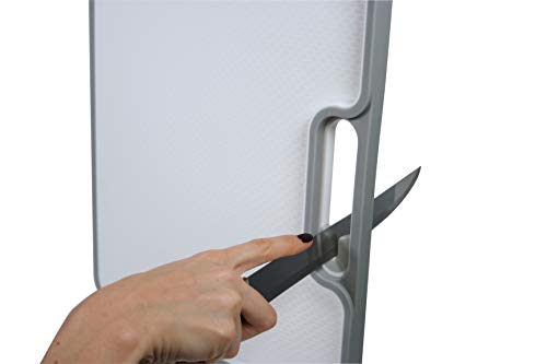 3-in-1 Plastic Cutting Board with Built-In Knife Sharpener, Garlic Grater, Raised Juice Catcher, Slip-Resistant Bottom, Non-Stick Food Prep Surface, Meat, Vegetable, Cheese