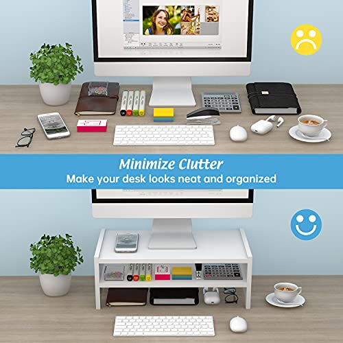Monitor Stand Riser with Storage Organizer Bamboo 3-Height Adjustment 16.7 inch Desktop Monitor Stand for Office and Home Use (White)