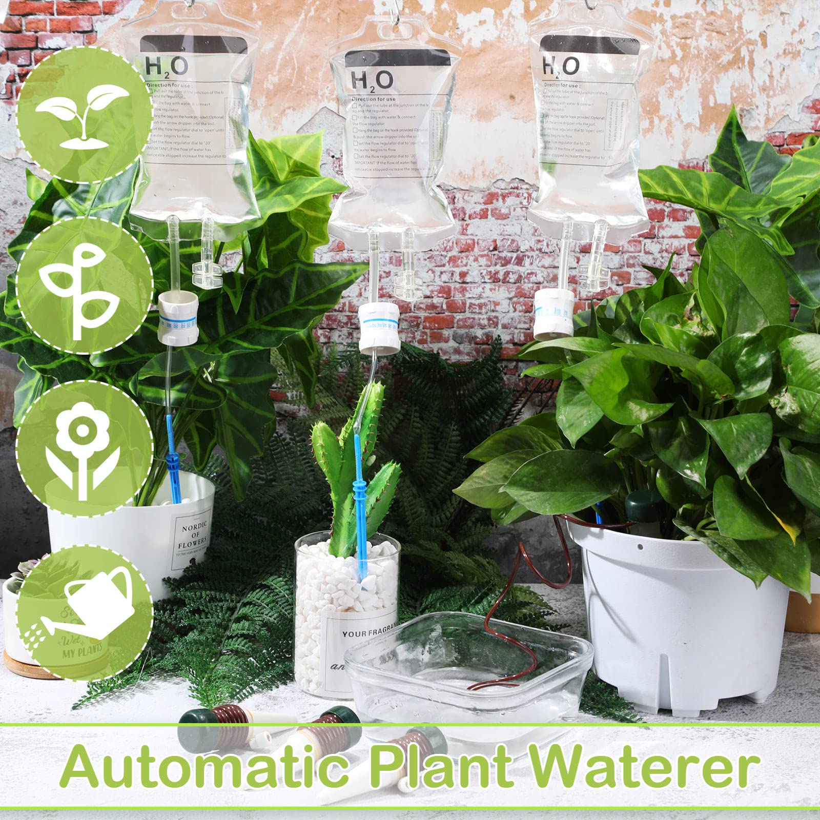 12 Pcs Automatic Plant Waterer, Include 6 Plant Drip Irrigation Bag 350 ml and 6 Plant Watering Stakes, Automatic Device with Adjustable Valve Switch for Indoor Outdoor Home Vacation Use Gardening Kit