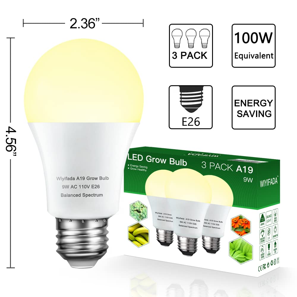 3 PACK Grow Light Bulb Indoor Grow Light,A19 Full Spectrum Plant Light bulb,E26 110V 9W Grow Bulb Replace up to 100W, Plant Light Bulb for Indoor Plants, Flowers, Greenhouse, Indore Garden, Hydroponic