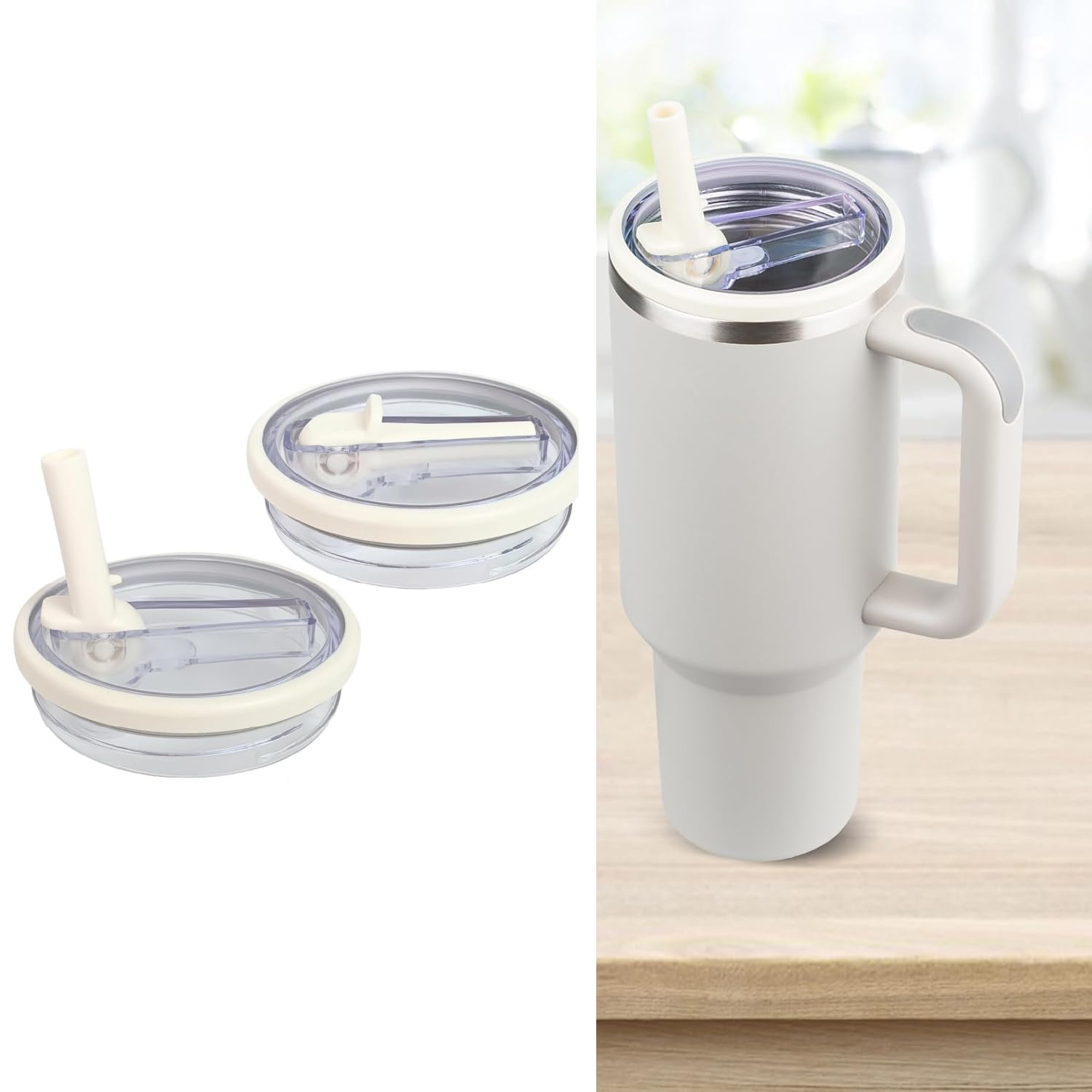 2 Pack 40 oz Tumbler Flip Straw Lid Replacement Compatible with Stanley Quencher - Leak-Proof Splash Resistant Tumbler Top Replacement Reusable Tumbler Cover Cream White