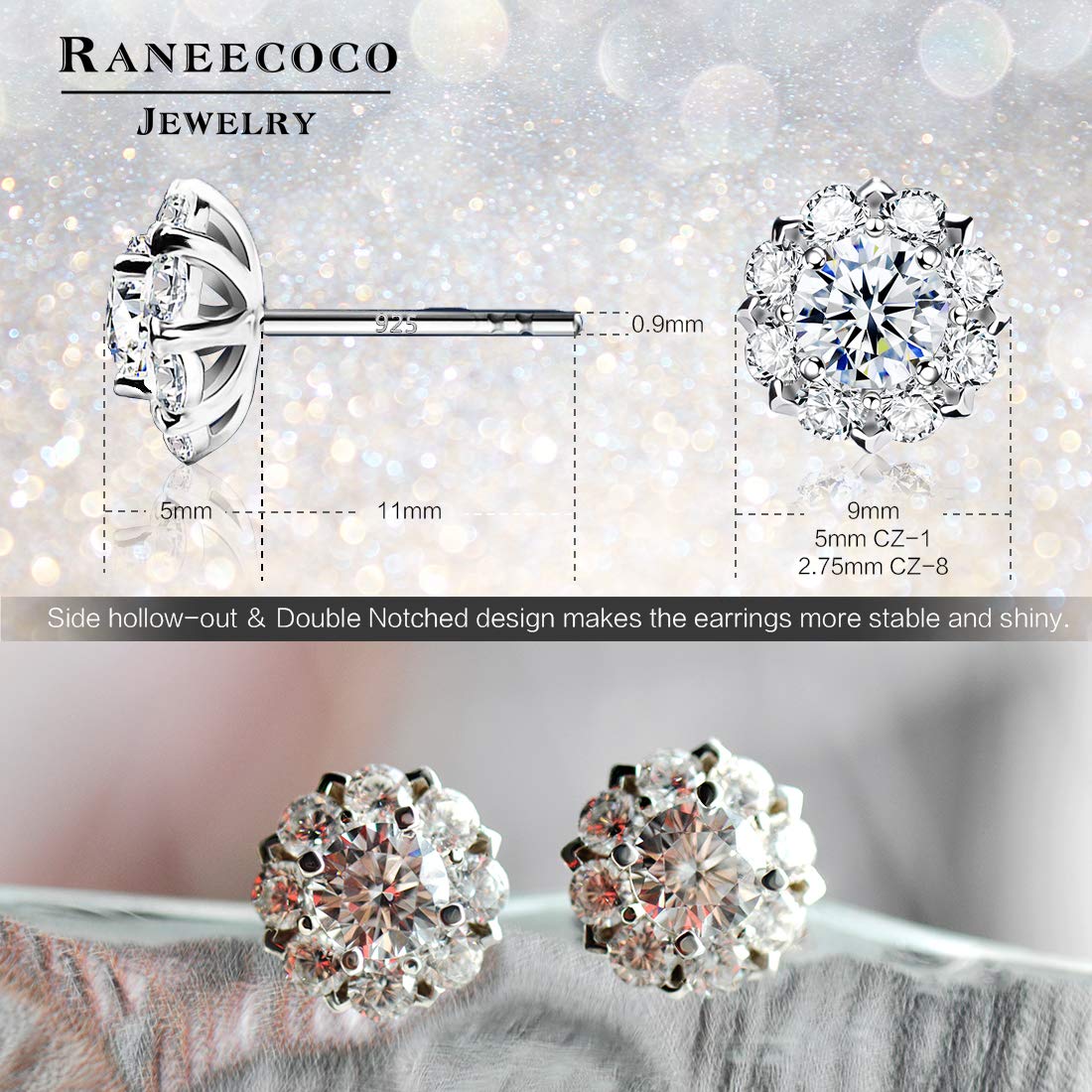 18K White Gold Plated Halo Cluster Cubic Zirconia Stud Earrings for Women - Sterling Silver CZ Jewelry Set