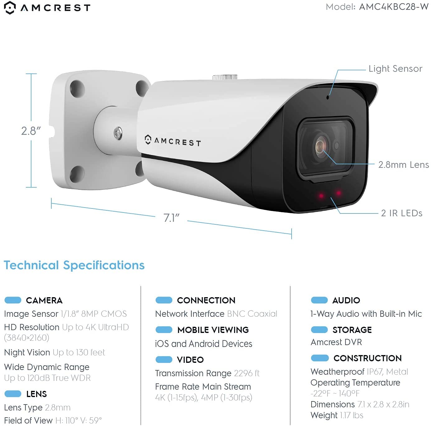 Amcrest 4K Analog Outdoor Security Camera, Bullet 4K (8MP) @15fps, CCTV-Coax-BNC, 98ft Night Vision, IP67 Metal, 125° Angle, Mic, White (Not an IP Camera) (DVR Required, Not Included) (AMC4KBC28-W-V3)