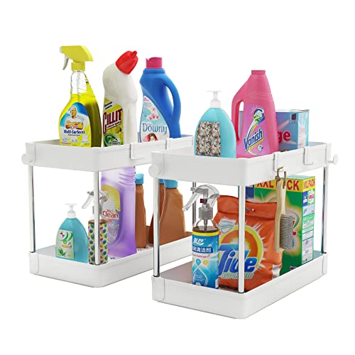 2 Pack Under Sink Organizer,2 Tier Under Sink Organizers And Storage For Kitchen Bathroom,Under Sink Cabinet Organizer,Multi-purpose Stable And Sturdy Cabinet Countertop Organizer,White