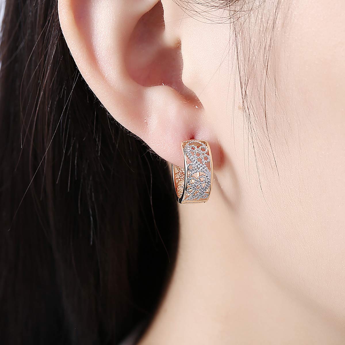 14K Gold Silver Wide Filigree Hoop Earrings Hollow Carved Flower Texture Earrings For Womens Men
