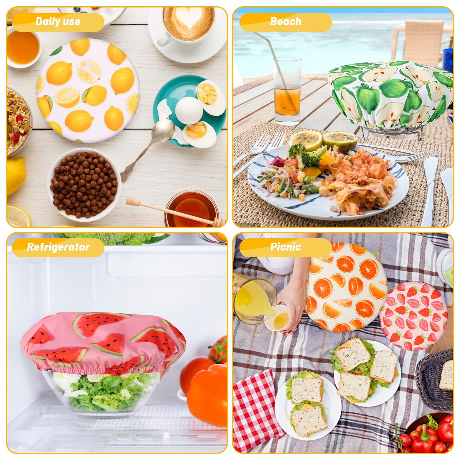15 Pieces Reusable Bowl Covers in 6 Size, Sublaga Stretch Cloth Fabric Dish Cover Kitchen Storage Containers Lids for Fruits Food Leftover Dough Bread Proofing (Fruit Style)