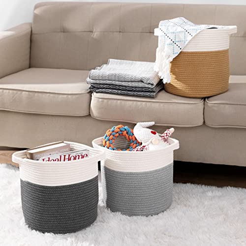 Lamberia 3 Packs Woven Storage Basket Bins 11x11 Laundry Basket Cube Organizer Storage Bins Woven Basket Cotton Rope Bin Storage Baskets for Organizing Toys Laundry Blanket Nursery Storage (Light